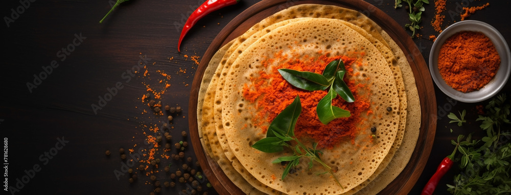 wide top view background photo, delicious masala dosa and curries on a ...