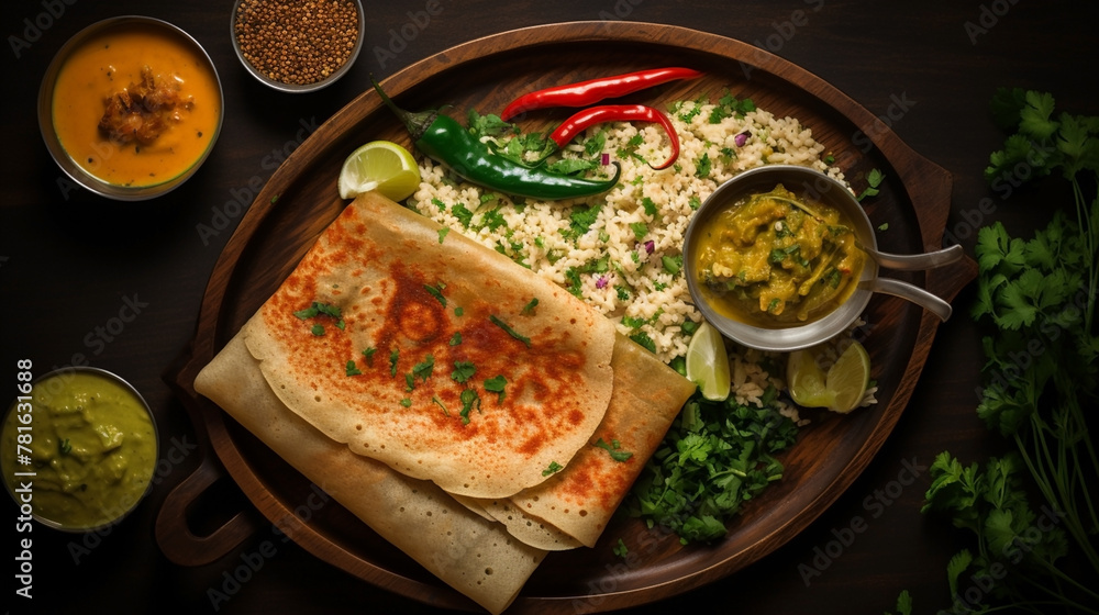 wide top view background photo, delicious masala dosa and curries on a ...