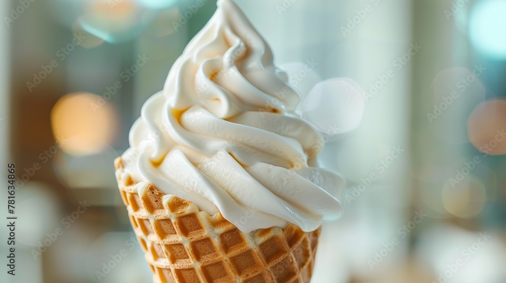 Waffle cone with soft ice cream. Soft serve ice cream in wafer cone or ...