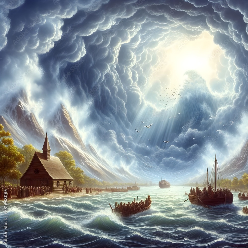 Deluge, great flood. A huge wave hits the shore. Illustration. Biblical ...