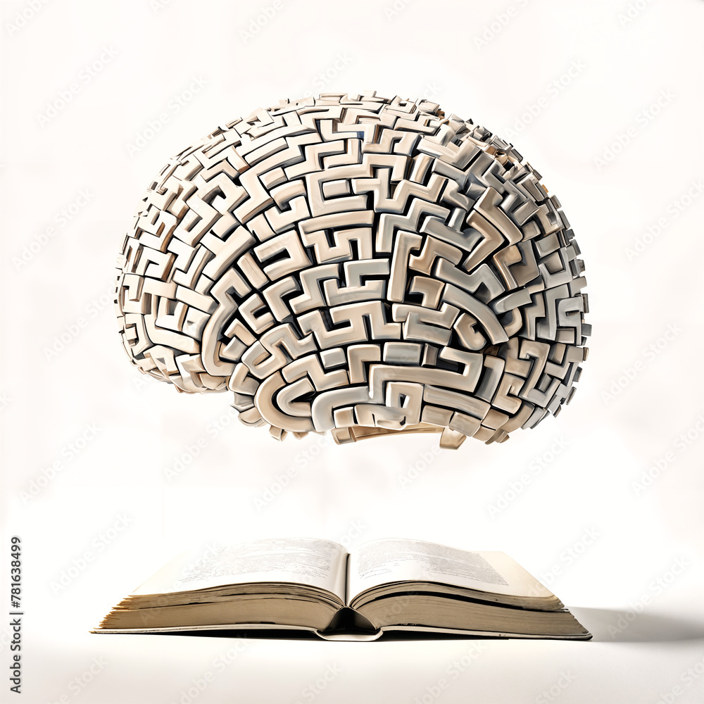 A brain-shaped puzzle, floating in the air above an open book. The ...