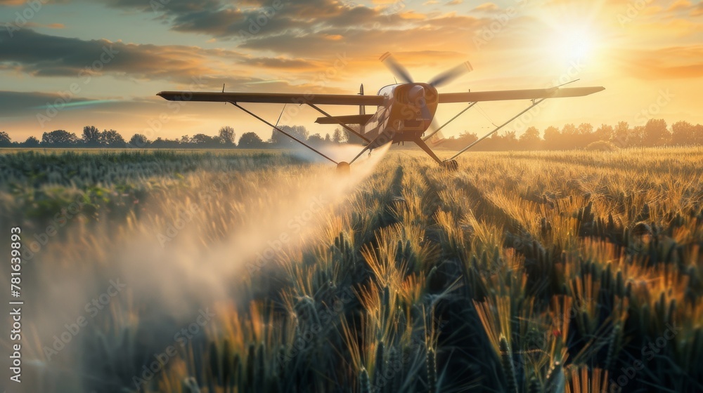 Agricultural airplane is flying over wheat field and performing crop ...