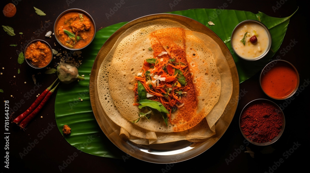 wide top view background photo, delicious masala dosa and curries on a ...