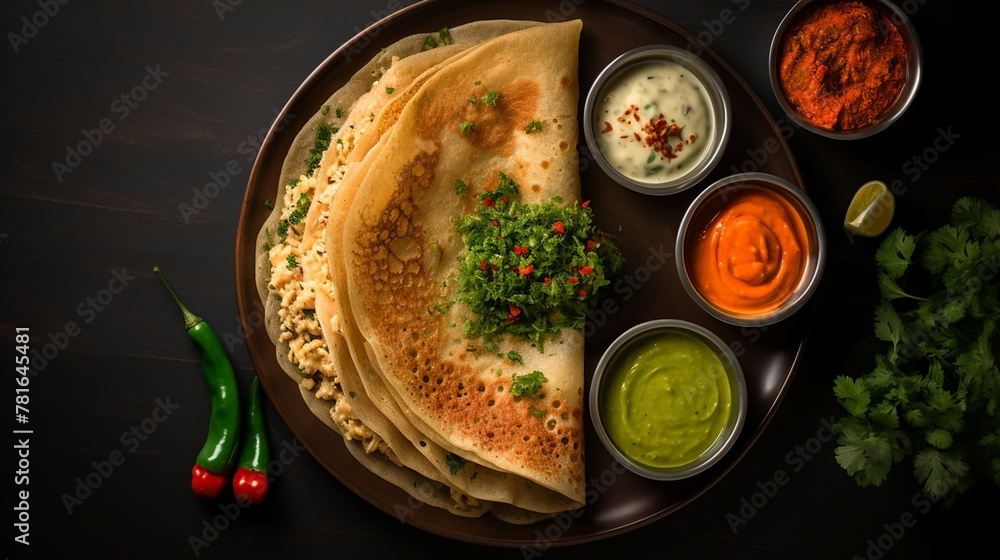 wide top view background photo, delicious masala dosa and curries on a ...