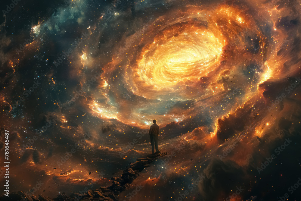 man standing on edge of cliff gazing at mesmerizing galaxy spiral ...