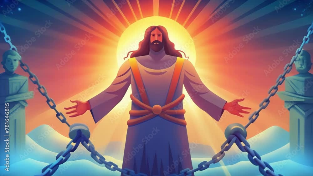 A broken chain This illustration shows a person being held captive by demonic forces with chains ...