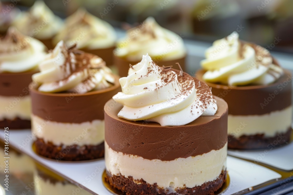 A display of layered mousse cakes with dark and white chocolate ...
