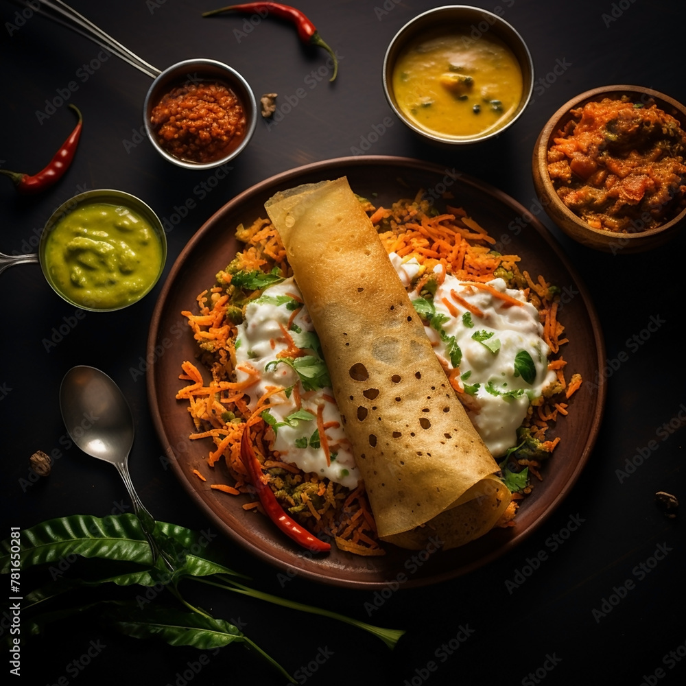 wide top view background photo, delicious masala dosa and curries on a ...