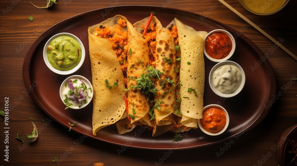 wide top view background photo, delicious masala dosa and curries on a ...