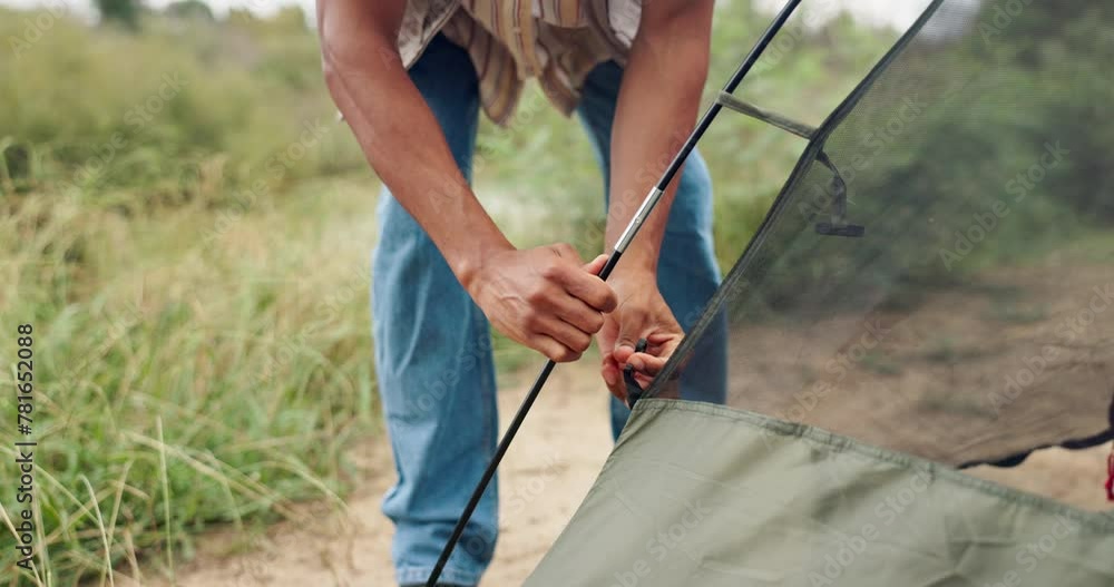 Camping, hands and man pitching tent with adventure, travel and relax ...