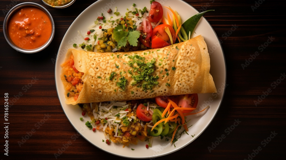 wide top view background photo, delicious masala dosa and curries on a ...