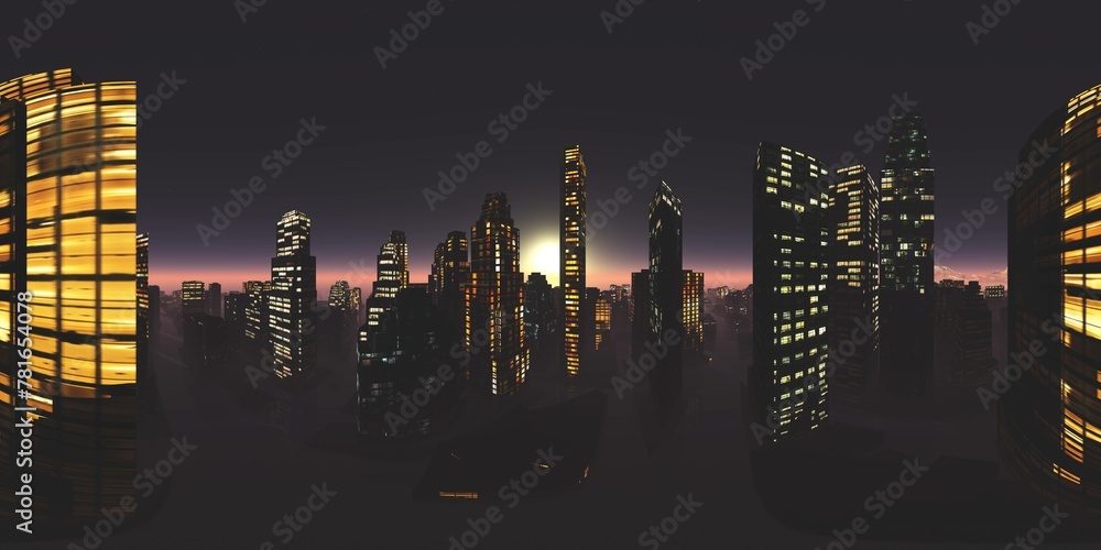 Night city, Cityscape, Environment map. HDRI map. Equirectangular ...