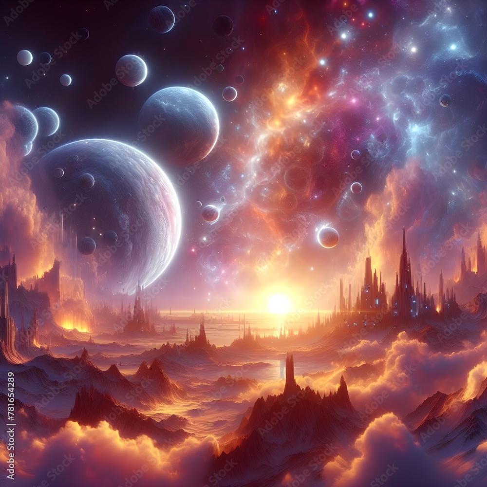 distant future. the sun rises over the atmosphere of an alien landscape ...