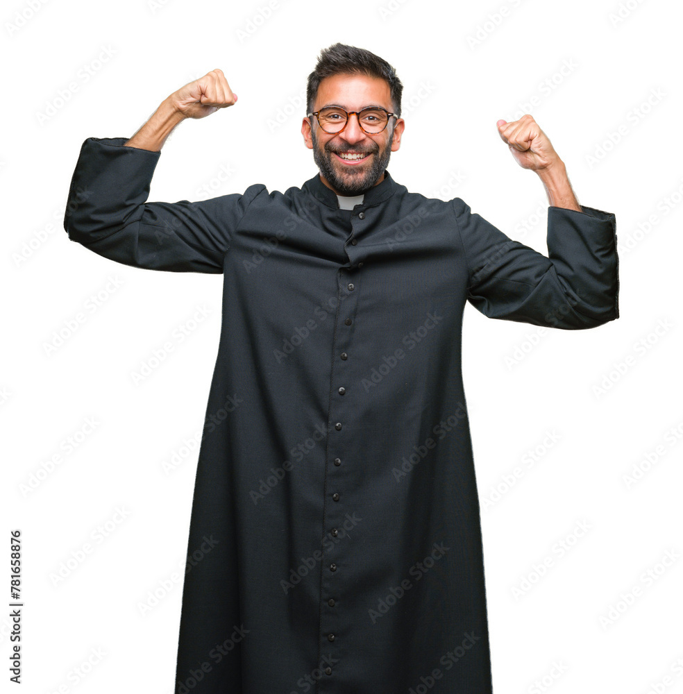 Adult hispanic catholic priest man over isolated background showing ...
