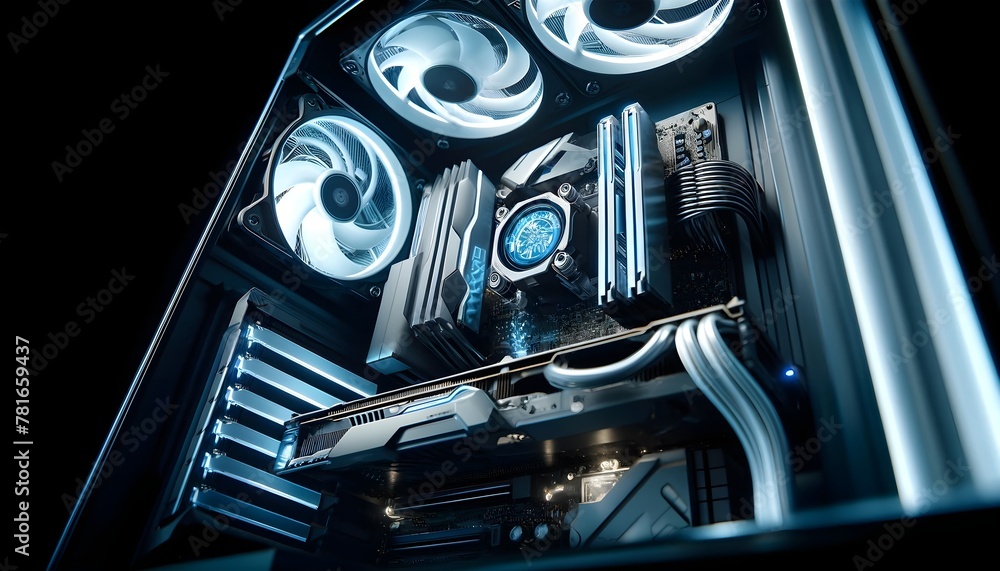 Inside view of a high-performance PC with a complex water cooling ...