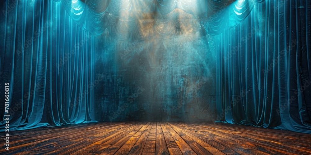 Elegant theater stage with blue velvet curtains and spotlight on wooden ...