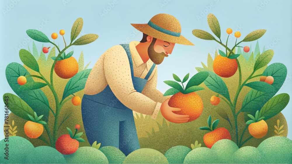 A farmer tending to his crops with each plant bearing a different type ...