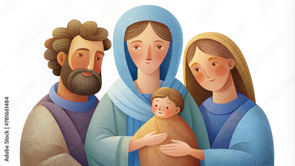 A sculpture of the Holy Family with Mary and Joseph leaning in towards ...