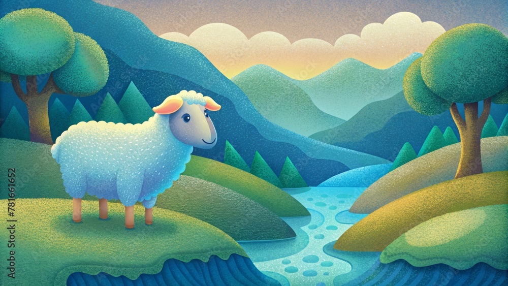 A sheep with oil dripping down its body standing near a peaceful stream ...