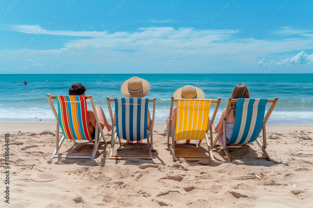 Family sitting sunbathing on the beach during holidays, enjoying ...