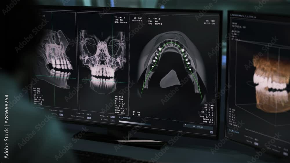 Doctor inspects the dental xray scans of the injured patient. Observing ...