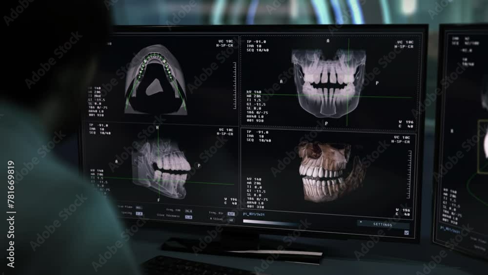 Dental professional inspecting the x-ray examination scan imaging of a ...