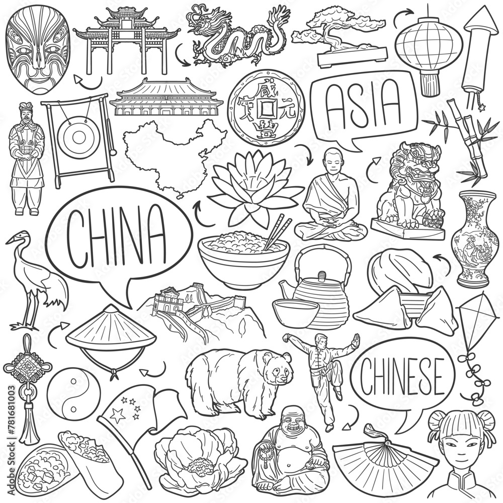 China Doodle Icons Black and White Line Art. Chinese Hand Drawn Symbol ...