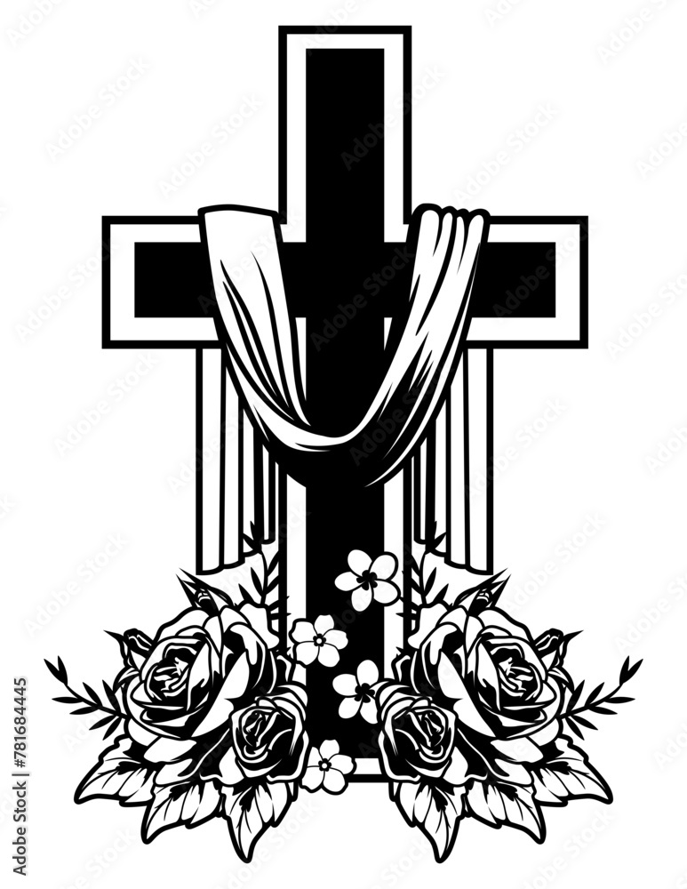 Floral Cross Illustration, Religious Cross Stencil, Flower Cross Vector ...