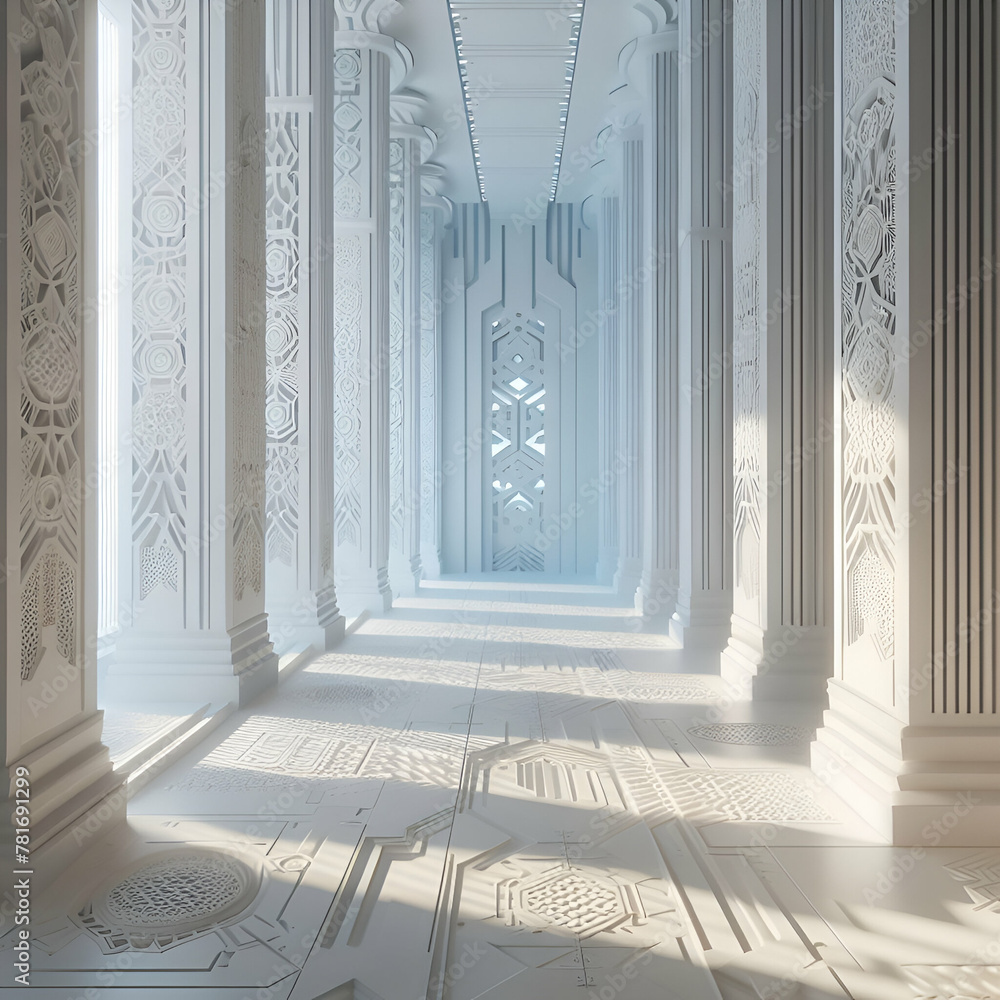 Futuristic Surreal Empty White Corridor with Ornate Classical Building ...