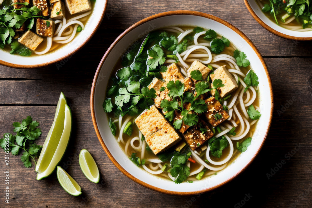 Top view of vegetarian pho with tofu on a rustic wooden table, served ...