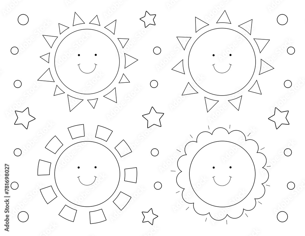 cartoon sun coloring page for kids. four cute designs to color. you can ...