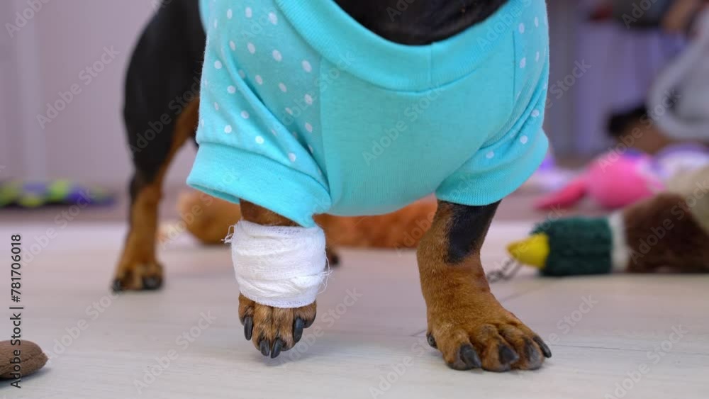Close-up of dog in blue clothes with a veterinary bandaged paw limping ...