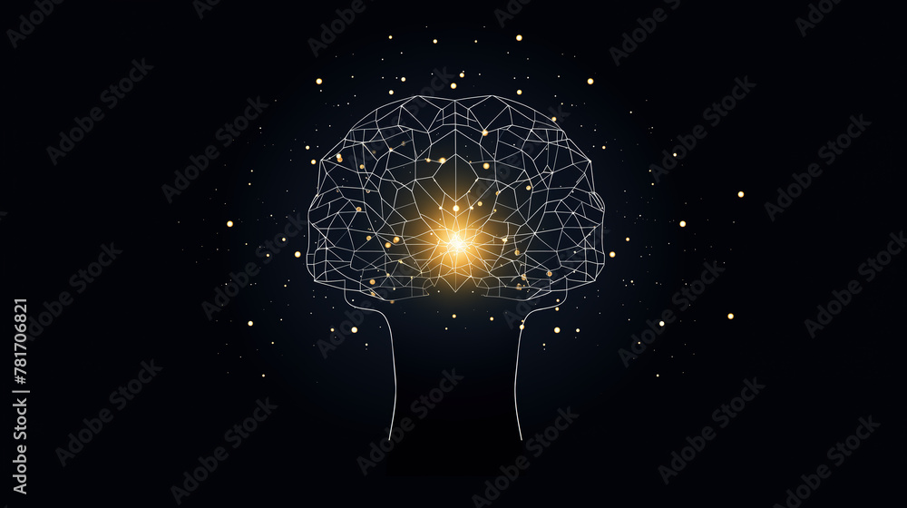 Abstract line illustration of the brain glowing in the dark. Sparkling ...