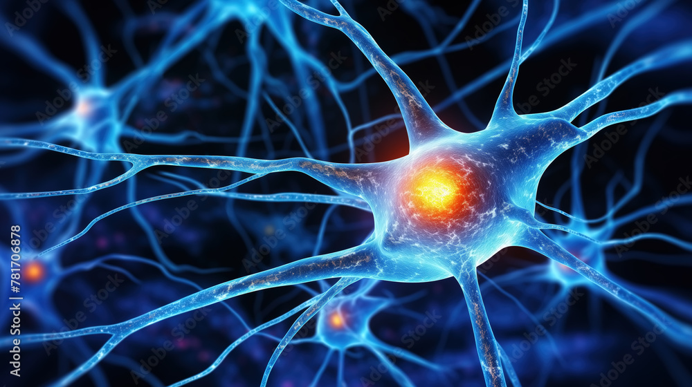 Close-up of activated glowing brain neuron. Detailed representation of ...