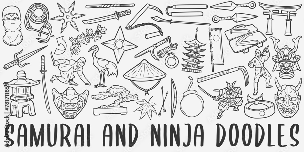 Samurai and Ninja doodle icon set. Asian Warriors Vector illustration ...