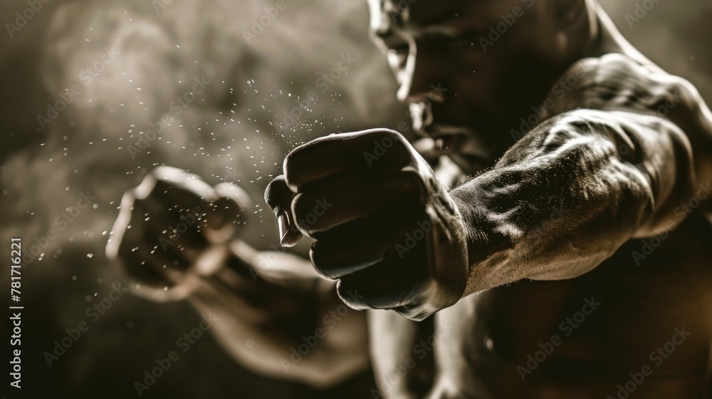 The tight defined muscles of a boxers arms and shoulders as he throws a ...