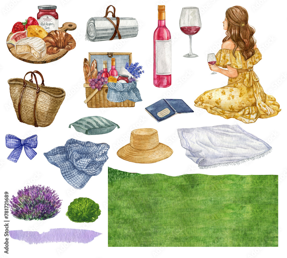 ภาพประกอบสต็อก Watercolor illustration with picnic element collection ...