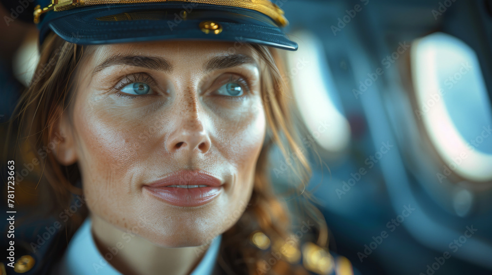 Female airline pilot looking away thoughtfully while standing against a ...