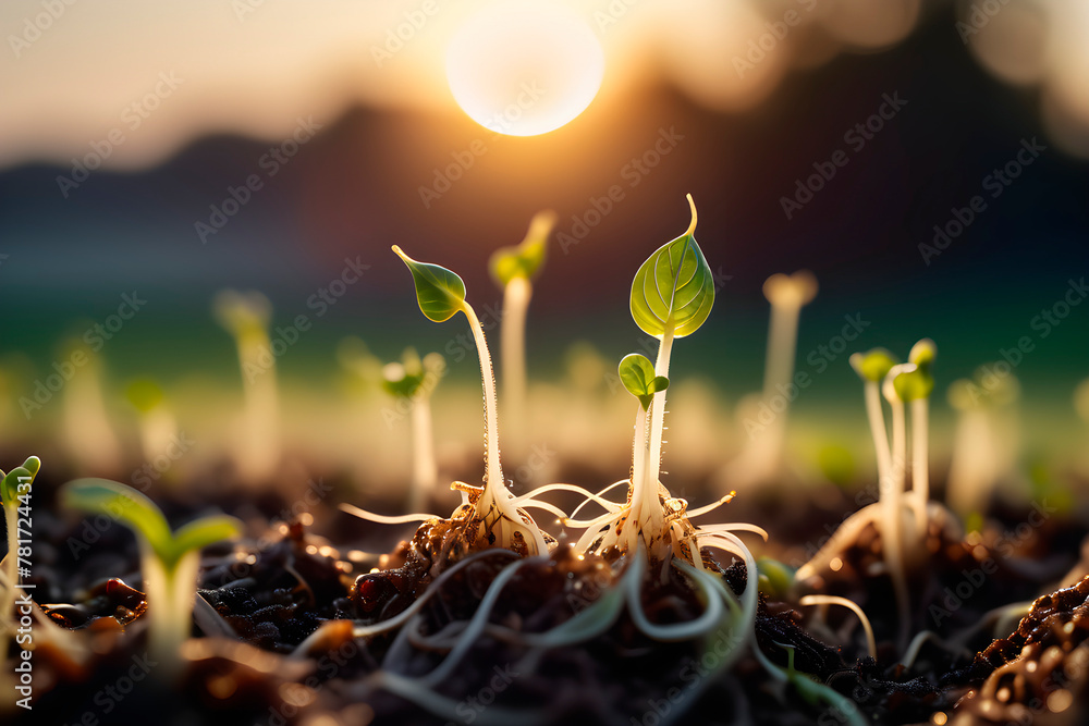 Morning sunrise, the sunlight shines on the plant seedlings growing in ...