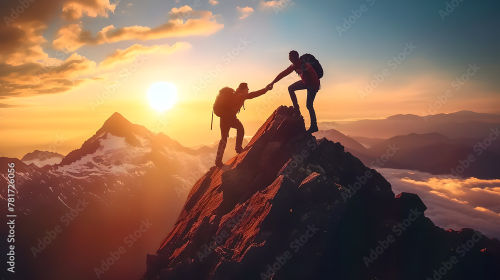 two hikers helping each other to reach the mountain top , man giving a ...
