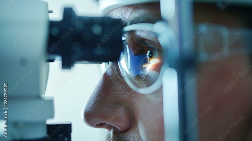 A profile shot of an optometrist carefully measuring the distance ...