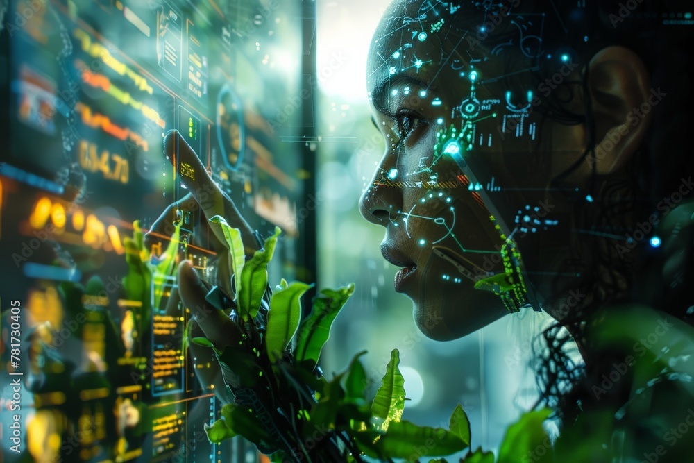 Environmental solutions propelled by futuristic AI, Woman interacting with vibrant data screens ...