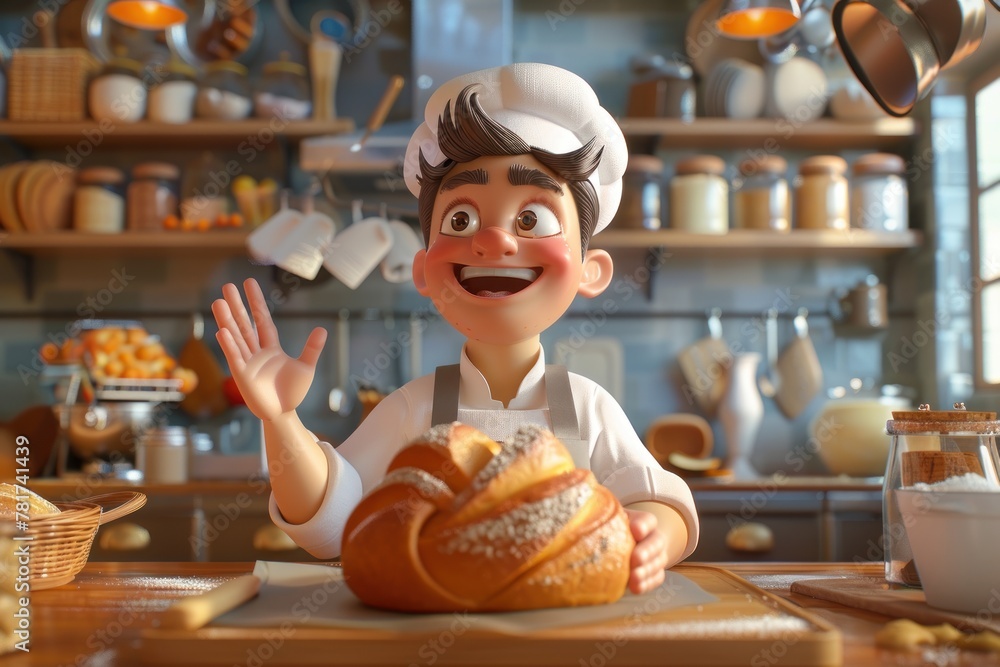 A cartoon boy is standing in a kitchen with a loaf of bread in his hand ...