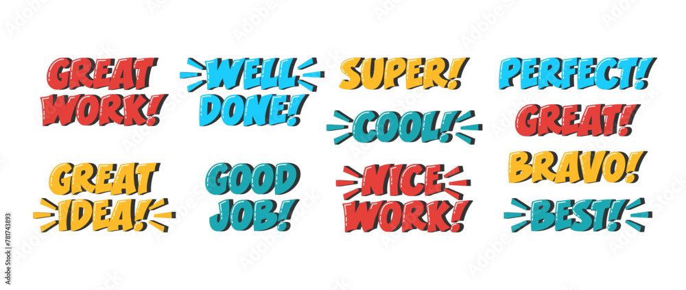 Good Job, Great Work, Praise Complement Phrases Set. Motivational ...