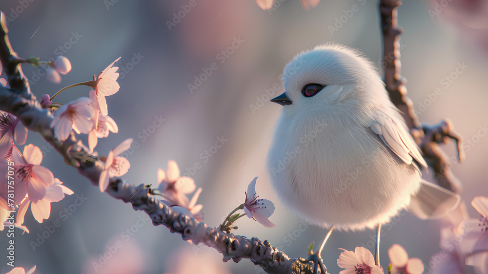 Cute white shima bird with cherry blossoms in full bloom. Realistic ...