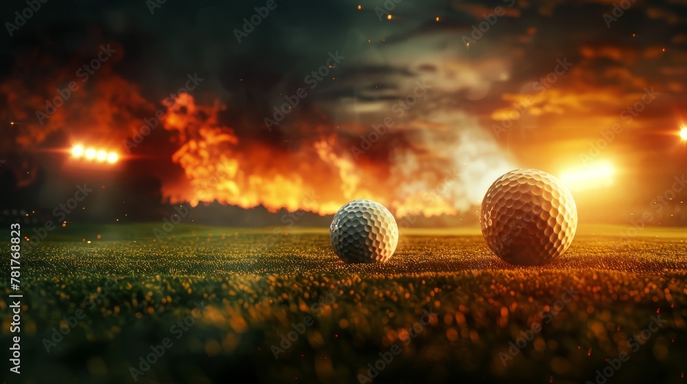 Fiery field as backdrop, a golf ball caught in a close-up with stadium ...