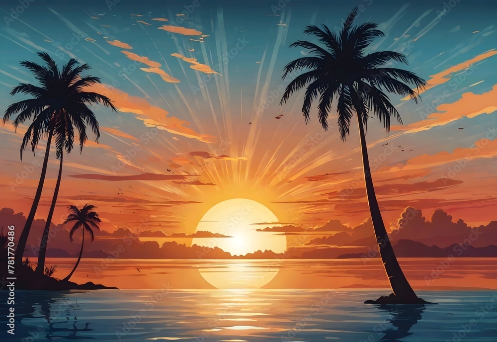 Sea sunset. Evening or morning view of sun above ocean. Panorama with ...
