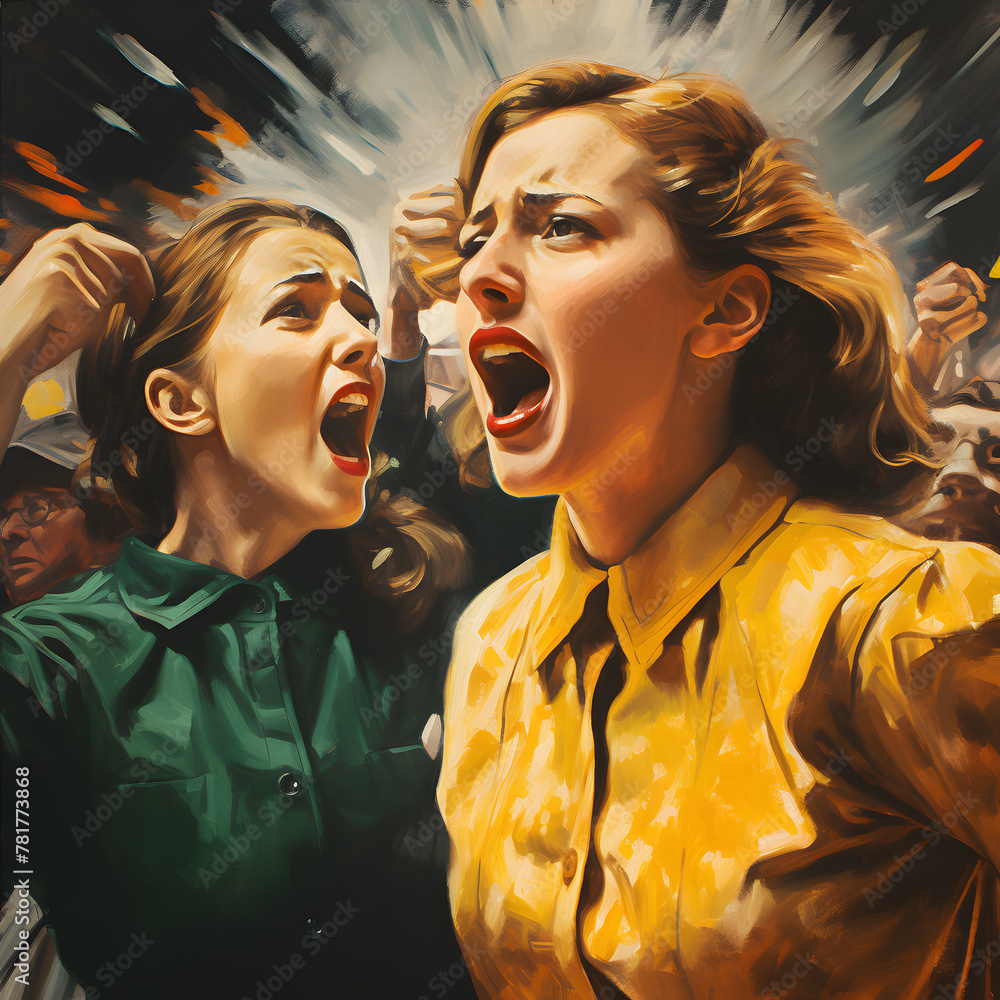 Protest women shouting slogans in drawn style opposes racial or gender ...