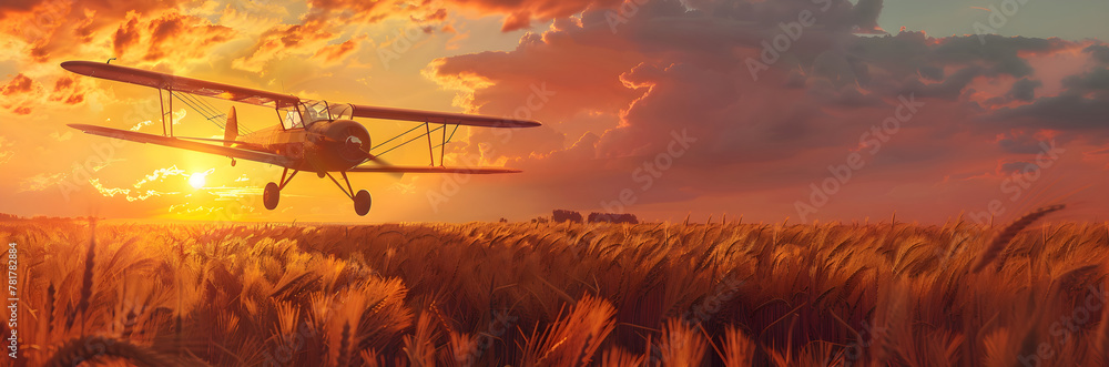 Crop duster plane flying over wheat field, farm airplane in cloudy sky ...