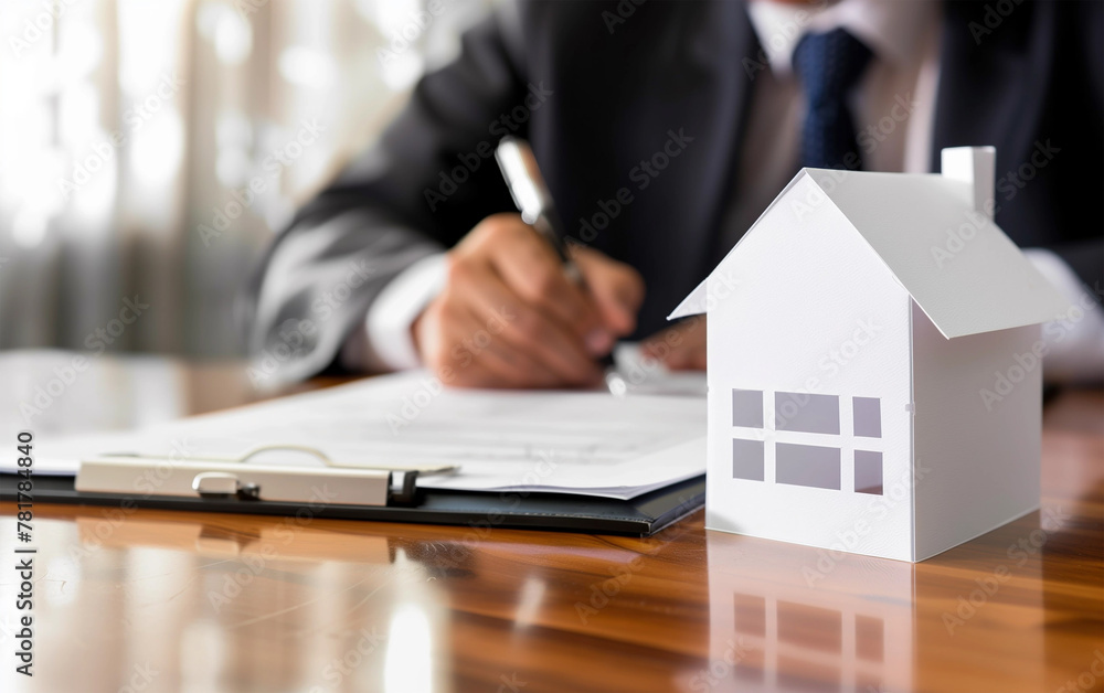 Cardboard house on table as man completes paperwork - mortgage ...